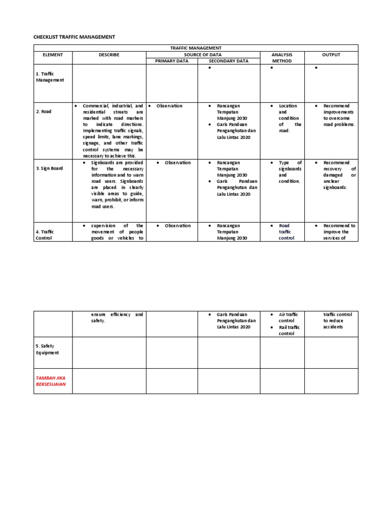 Traffic Management Checklist | PDF | Traffic | Road