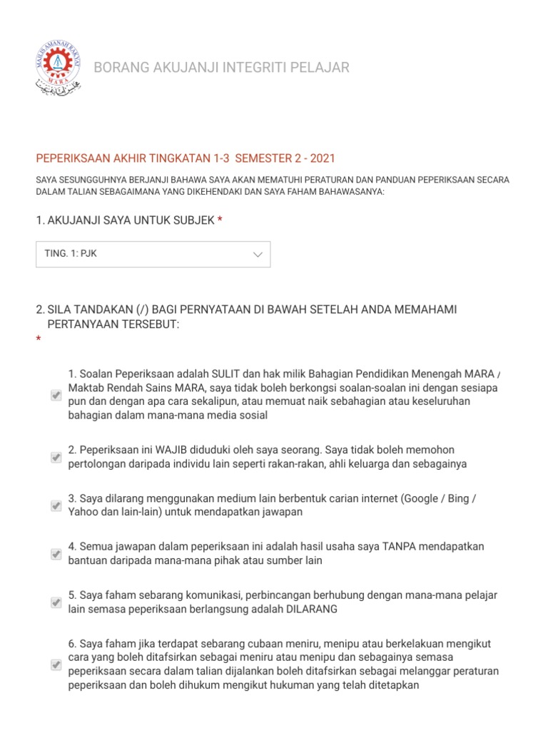 BORANG AKUJANJI INTEGRITI PELAJAR PJK 2022 | PDF