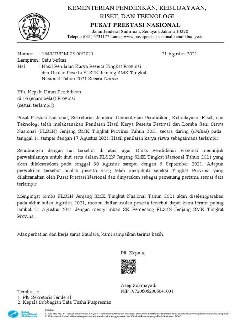 Jawa Tengah - SURAT INFORMASI SELEKSI FLS2N TK PROVINSI 210821 | PDF