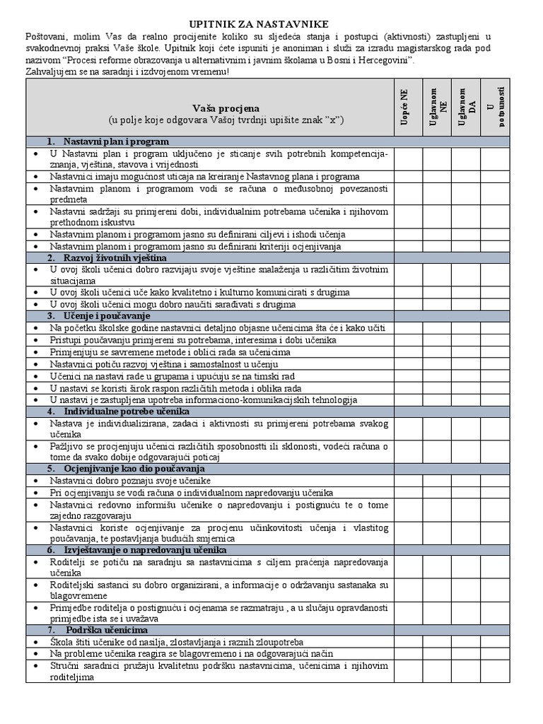 Upitnik Za Nastavnike | PDF