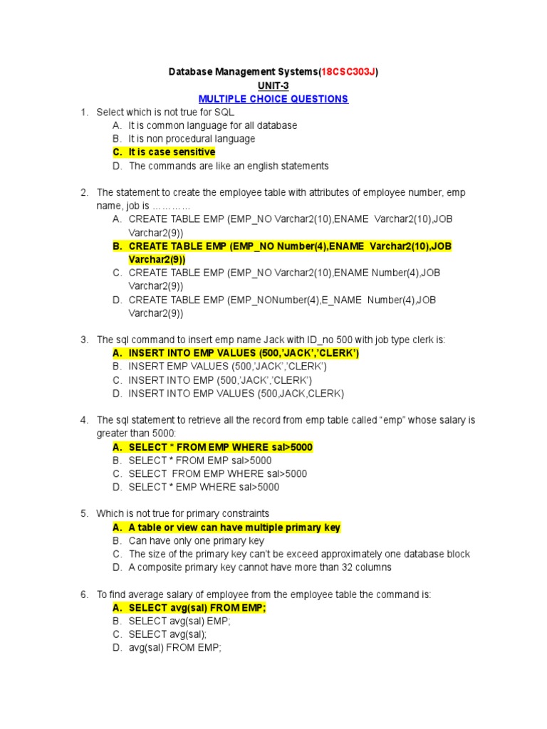 Multiple Choice Questions: 18CSC303J | PDF | Pl/Sql | Sql