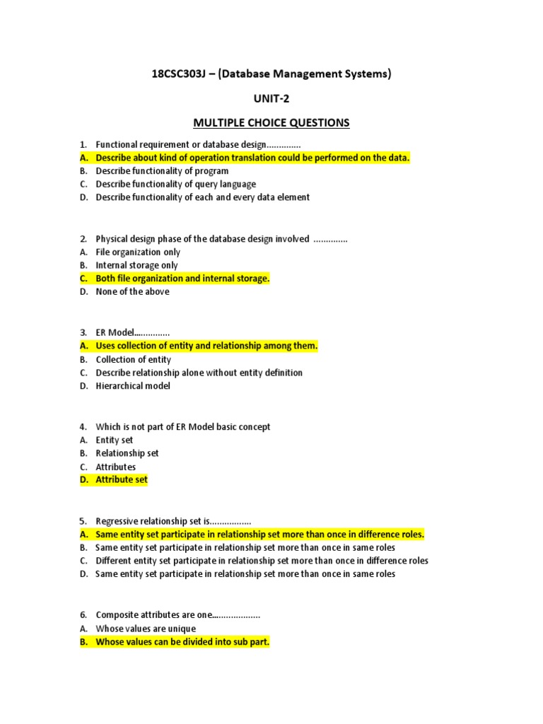 18CSC303J - (Database Management Systems) UNIT-2 Multiple Choice Questions | PDF | Data | Computing