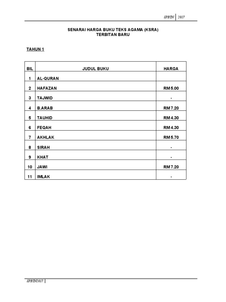 Senarai Harga Buku Teks Agama Tahap 1 2017 | PDF