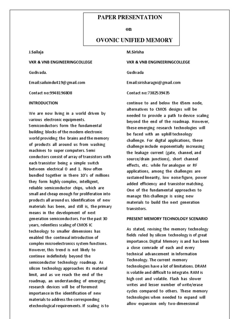 Paper Presentation On Ovonic Unified Memory | PDF | Random Access Memory | Cmos