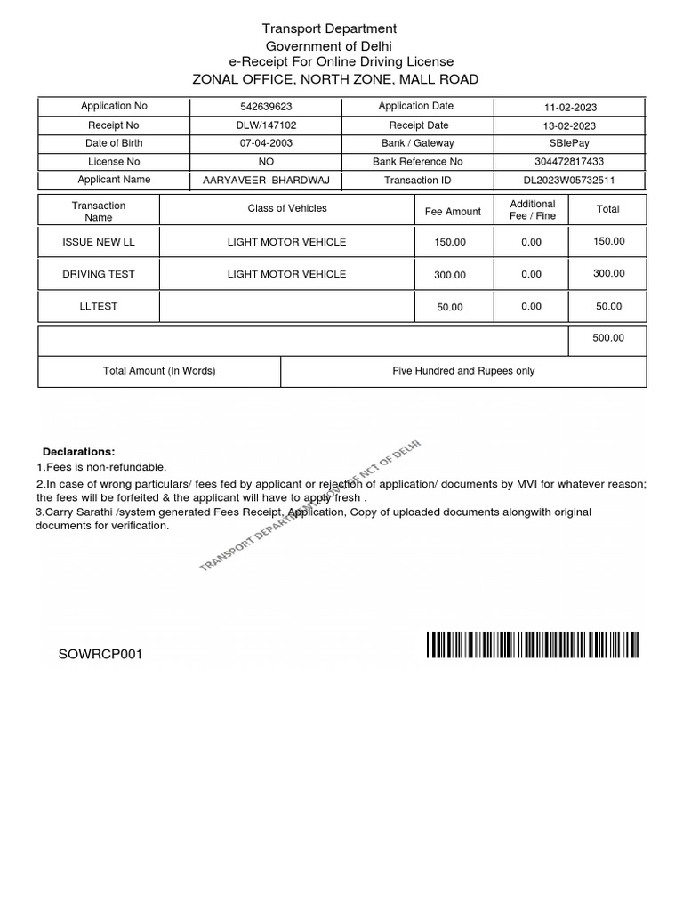 Government of Delhi Transport Department: Declarations | PDF