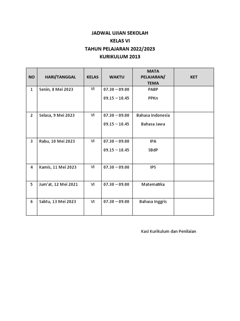 Jadwal Ujian Sekolah Kelas Vi TAHUN PELAJARAN 2022/2023 Kurikulum 2013 ...