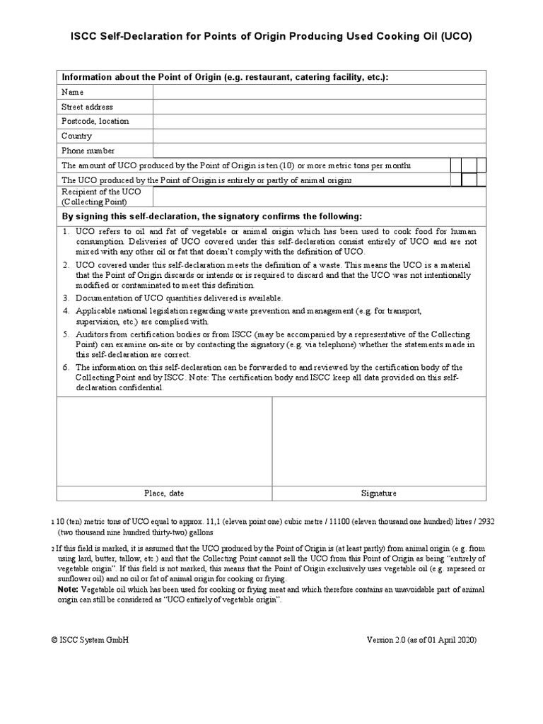ISCC 2021 Self Declaration | PDF | Oil | Fat