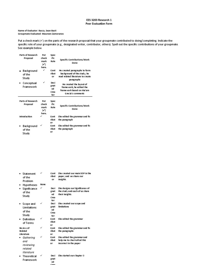 Research 1 Peer and Self Evaluation Forms - MAUREEN | PDF | Cognitive ...