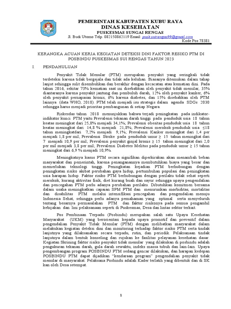 KAK Kegiatan Deteksi Dini Faktor Resiko PTM Di POSBINDU Dan Posyandu LANSIA Tahun 2023 | PDF