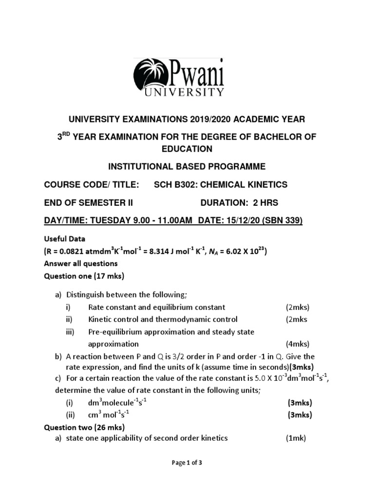 Main Exam SCH B302 2020 IB | PDF | Reaction Rate | Chemical Kinetics