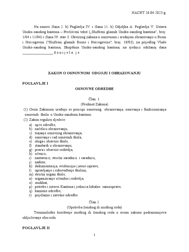 NACRT - Zakon o Osnovnom Obrazovanju 26 Mart 2023 | PDF