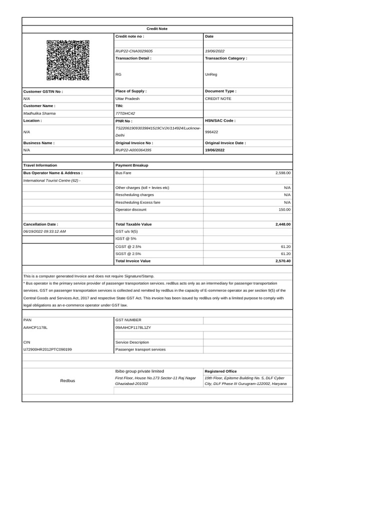 Ac GST Credit Note | PDF | Payments | Transport
