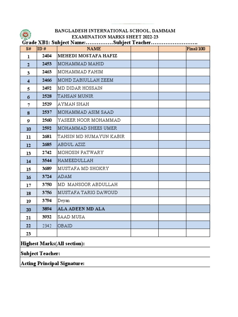 X B1 Mark Sheet | PDF