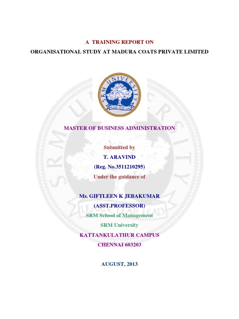 Organisational Study at Madura Coats Private Limited: A Training Report On | PDF | Textiles | Yarn