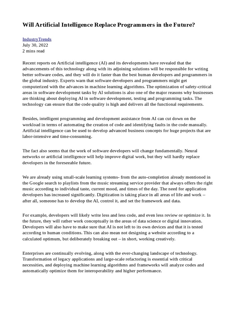 Will Artificial Intelligence Replace Programmers in The Future | PDF