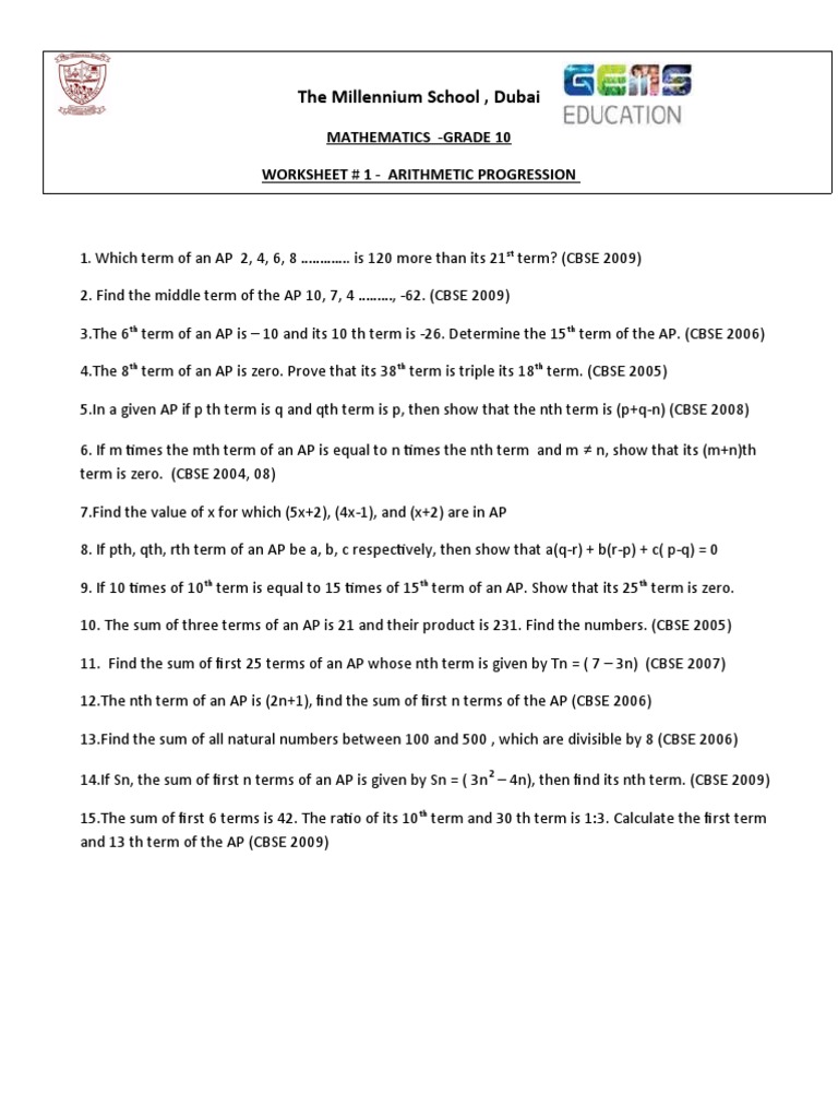 Grade 10 Arithmetic Progression Worksheet | PDF