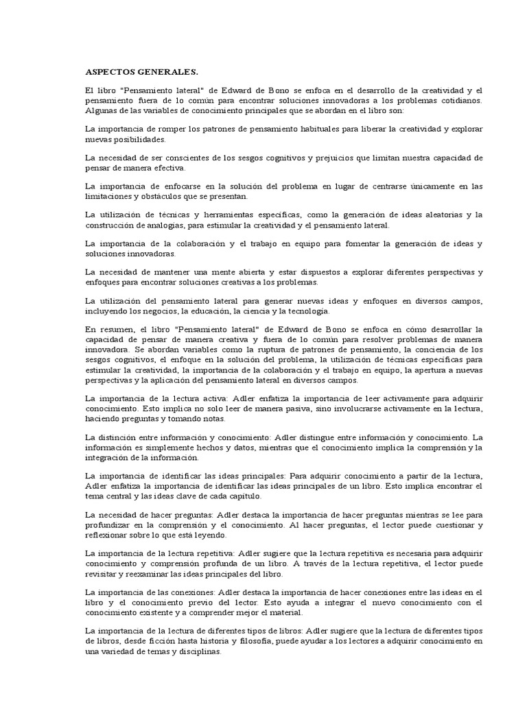 El Libro Pensamiento Lateral de Edward de Bono | PDF | Pensamiento ...