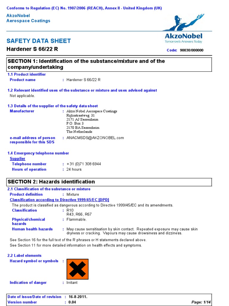 SDS AkzoNobel Hardener S6622R | PDF | Waste | Safety