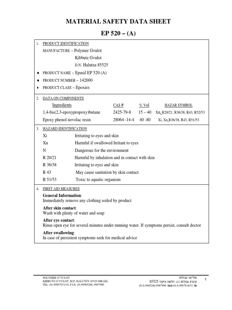 EP 520 Epoxy Resin Safety Data Sheet | PDF | Water | Hazards