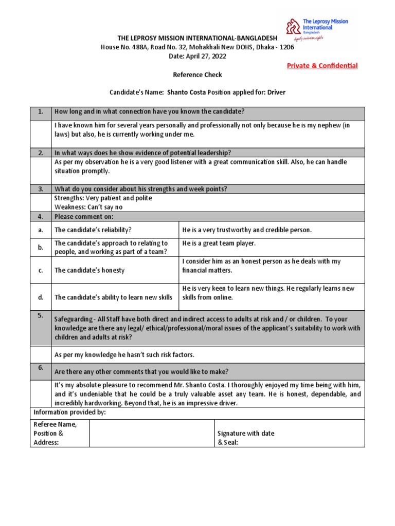 Reference Checking Form | PDF