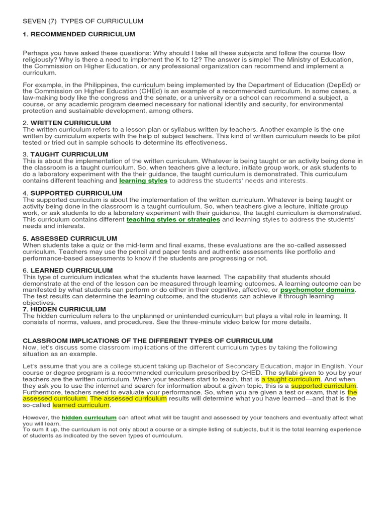 Recommended Curriculum: Seven (7) Types of Curriculum | PDF ...