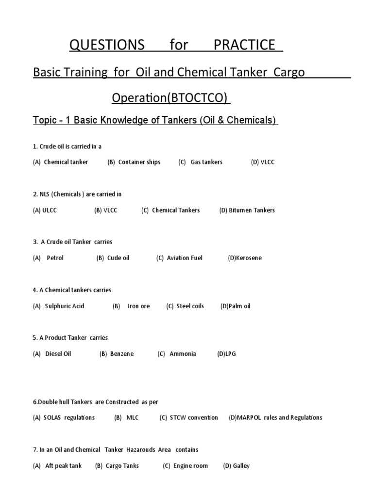 Questions For Practice: Basic Training For Oil and Chemical Tanker ...