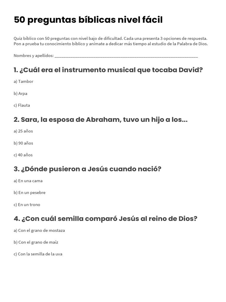 50 Preguntas Bíblicas Nivel Fácil | PDF | Jesús | Biblia