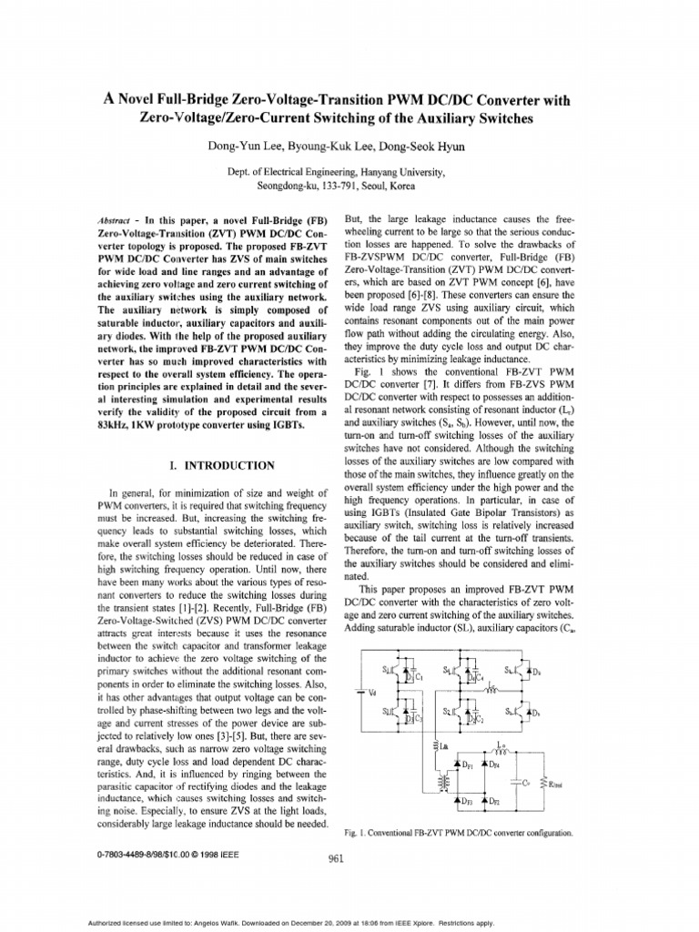 A Novel Full-Bridge Zero-Voltage-Transition PWM DC-DC Converter With Zero-Voltage - Zero-Current ...
