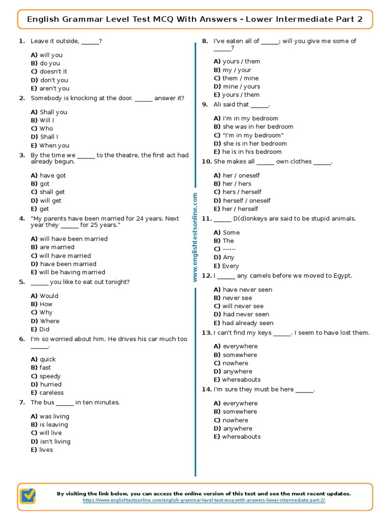614 - English Grammar Level Test MCQ With Answers Lower Intermediate ...