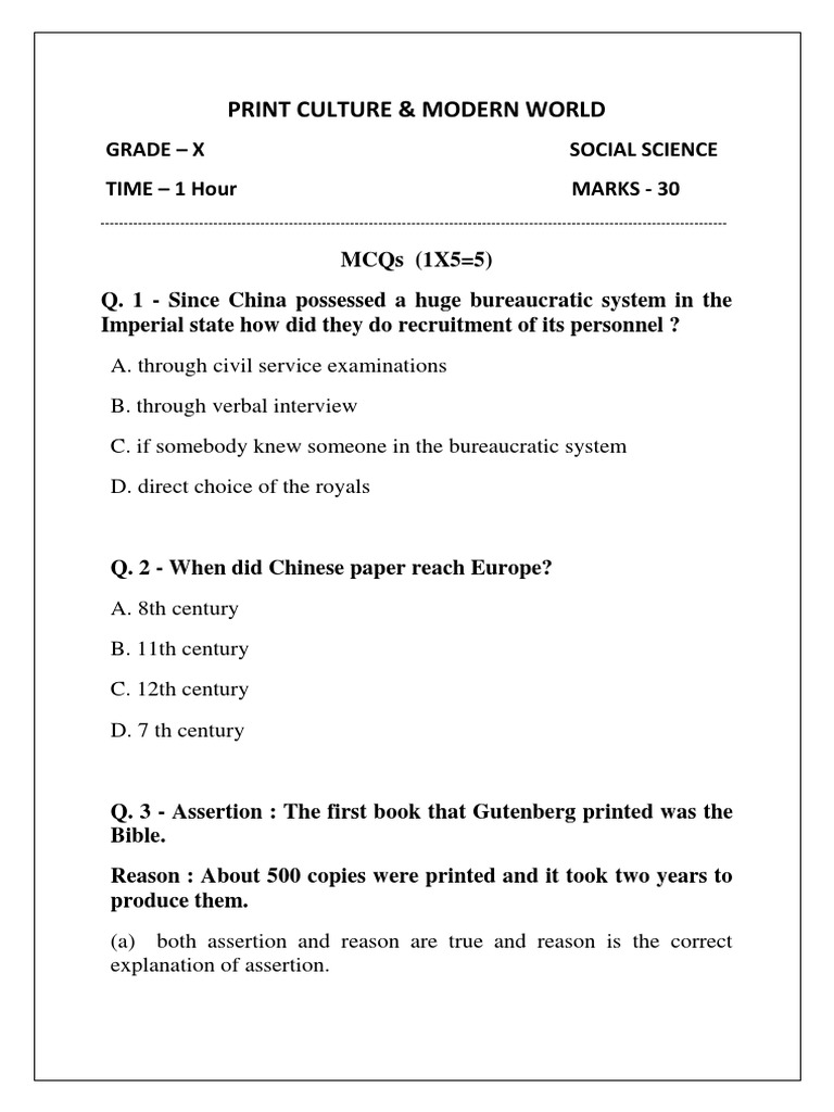 Print Culture & Modern World Quiz | PDF | Politics | Social Science