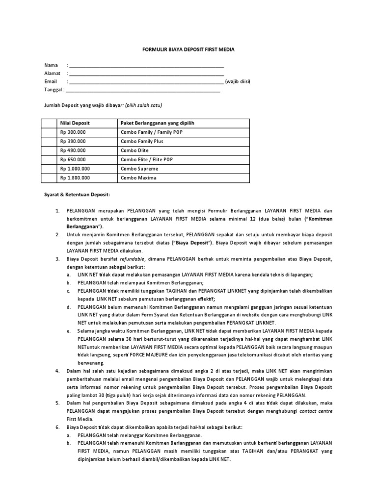 Formulir Biaya Deposit First Media | PDF