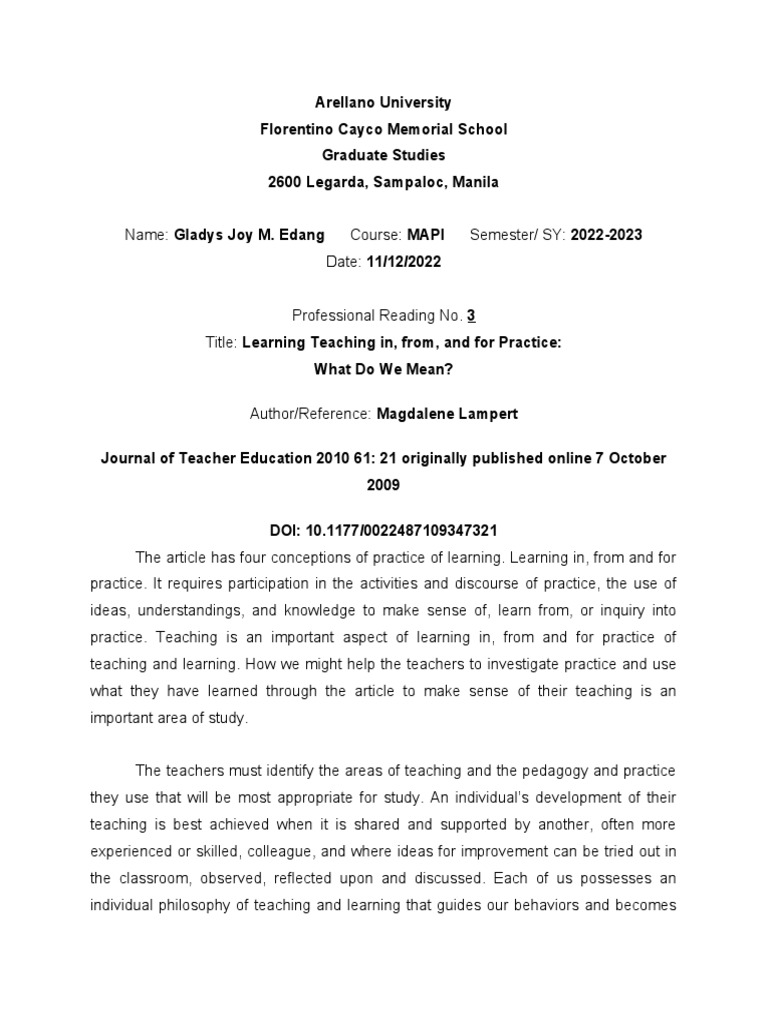 GJM - Edang Professional Reading 3 | PDF | Teachers | Learning