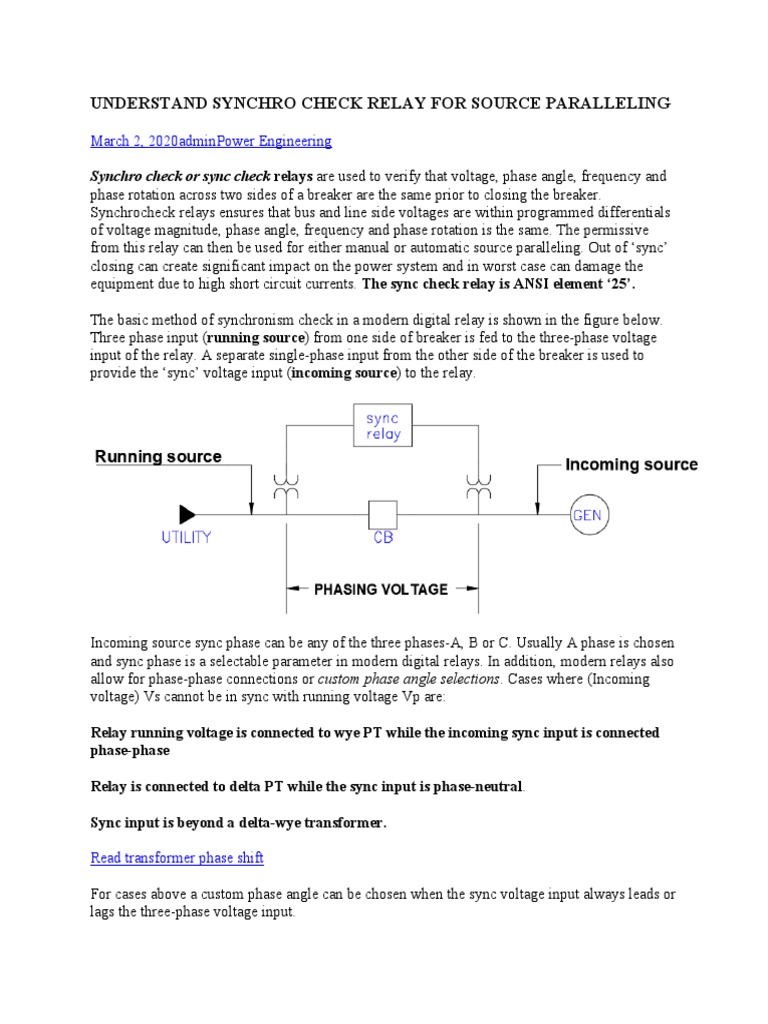 Understand Synchro Check Relay For Source Paralleling | PDF | Ac Power | Frequency