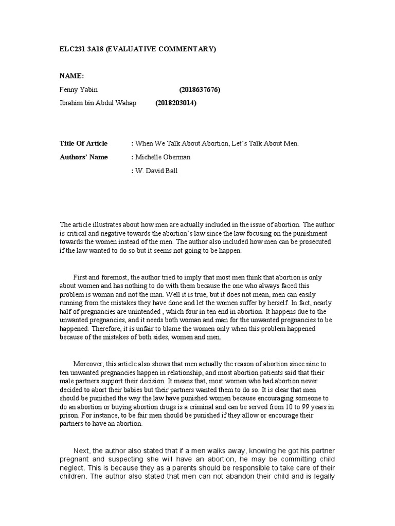 Elc231 3A18 (Evaluative Commentary) | PDF | Abortion | Unintended Pregnancy