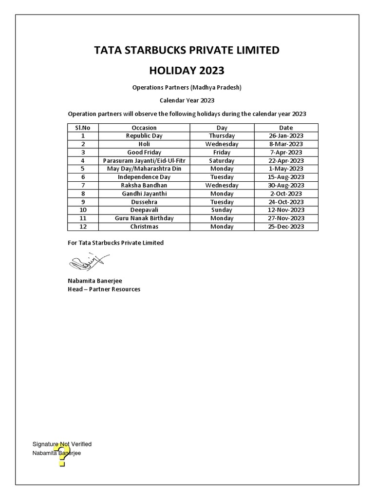 Tata Starbucks Private Limited Holiday Calendar for Operations Partners ...