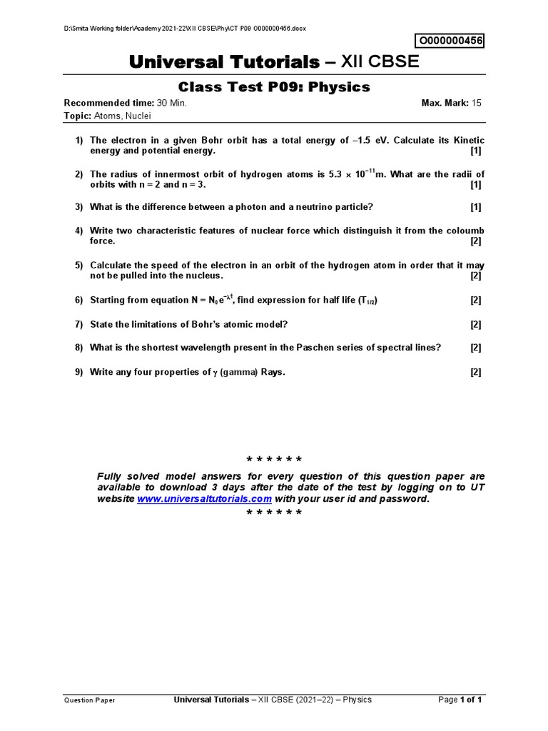 Universal Tutorials - XII CBSE: Class Test P09: Physics | PDF