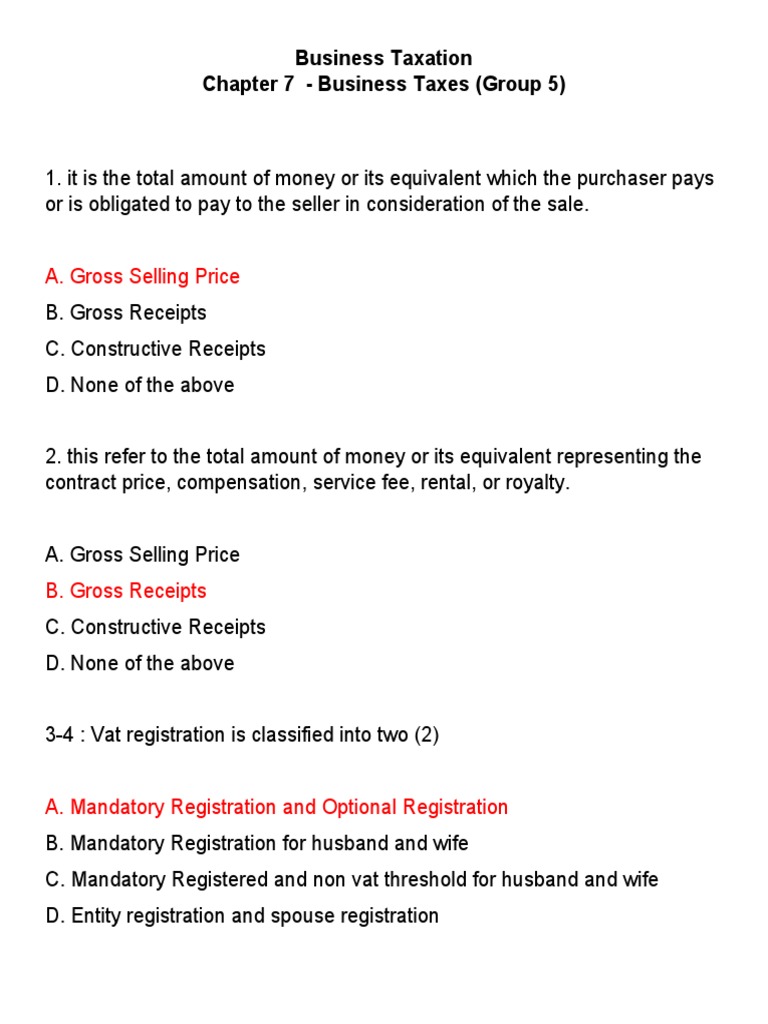 Business Taxation Chapter 7 - Business Taxes (Group 5) : A. Gross ...
