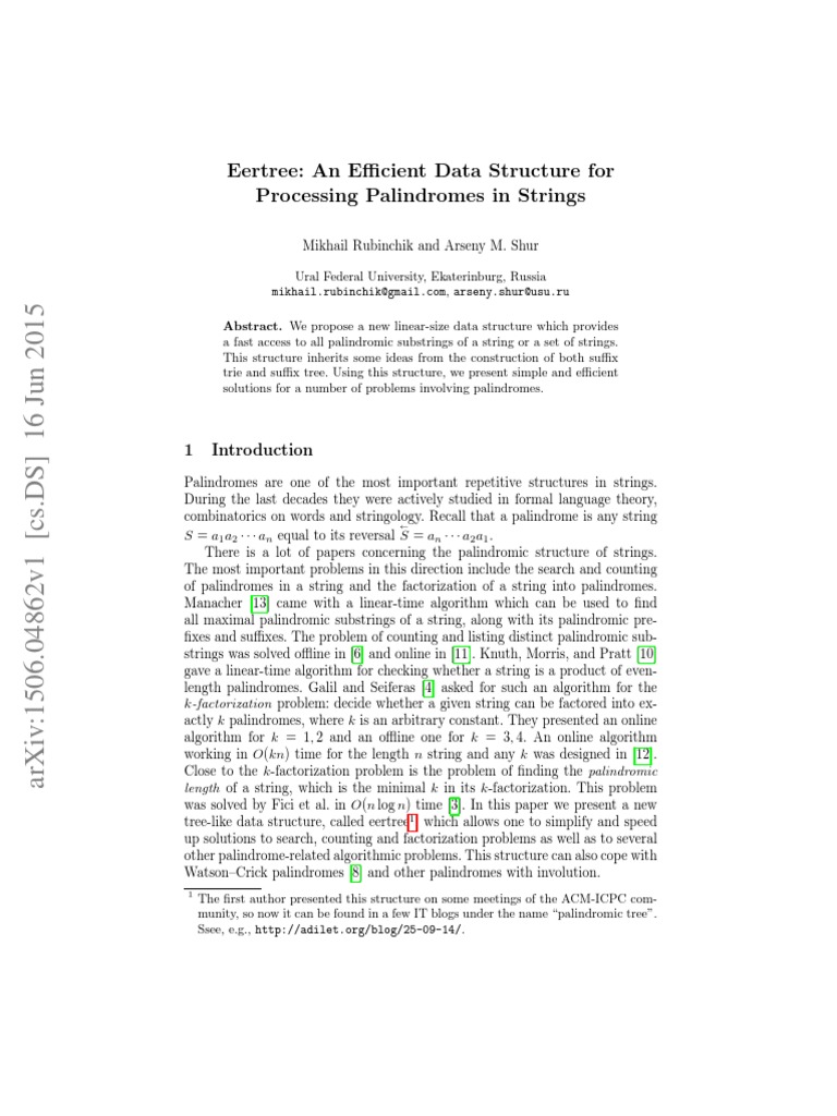 Eertree: An Efficient Data Structure For Processing Palindromes in Strings | PDF | String ...