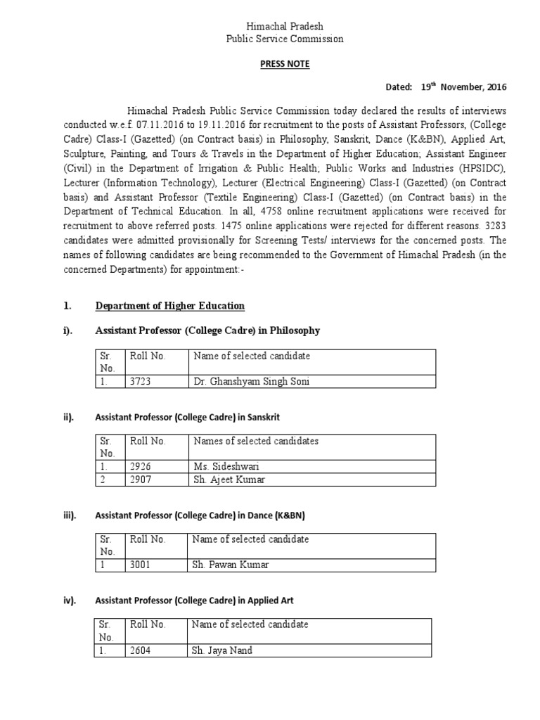 2016 - 11 - Press Note - Interview Result of Various Posts | PDF