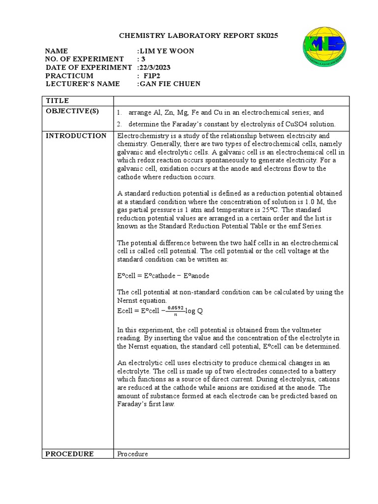 Lab Report Exp 3 Electrochemical Cell | PDF | Electrochemistry | Redox