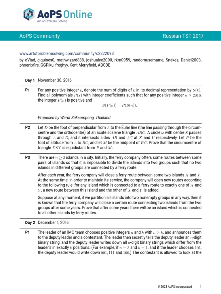 Aops Community Russian TST 2017: Day 1 P1 | PDF | Elementary ...