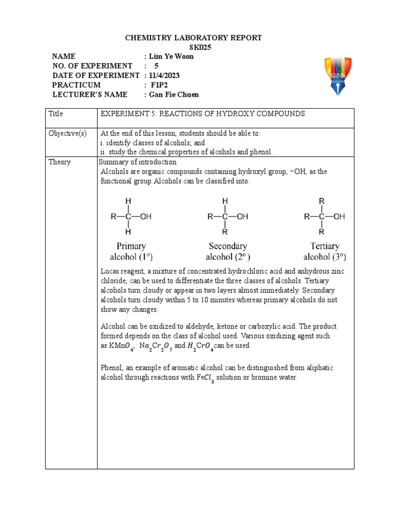 Lab Report Experiment 5 Hydroxy Compounds | PDF | Chemical Reactions | Chemical Compounds