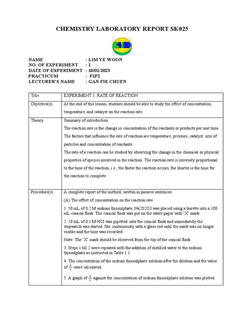 Lab Report Experiment 1 - Rate of Reaction - 2021 | PDF | Reaction Rate ... Lab Report Experiment 1 - Rate of Reaction - 2021 | PDF | Reaction Rate ...