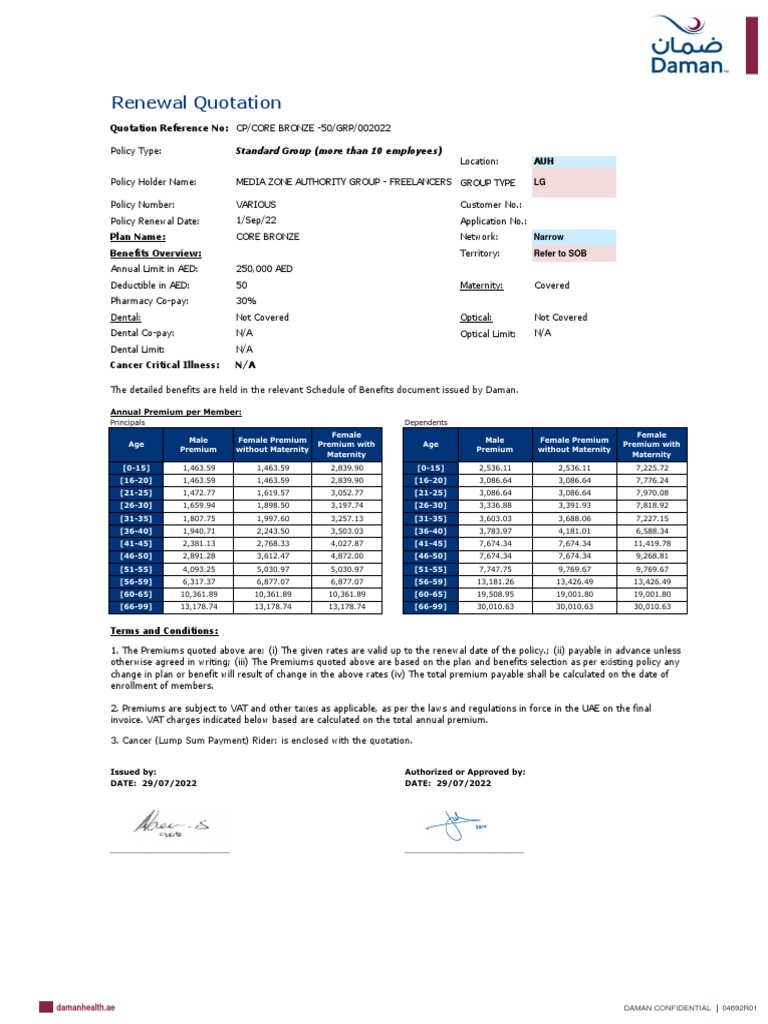 Renewal Quotation: Quotation Reference No: CP/CORE BRONZE - 50/GRP ...