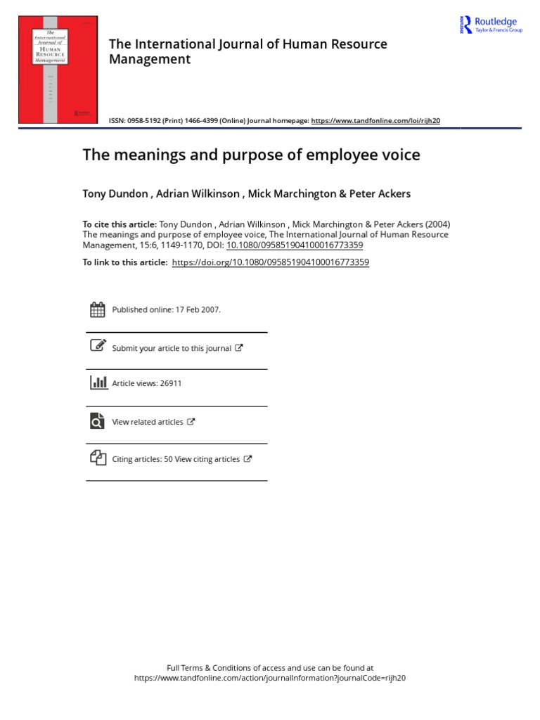 The Meanings and Purpose of Employee Voice | PDF | Employment | Human Resource Management