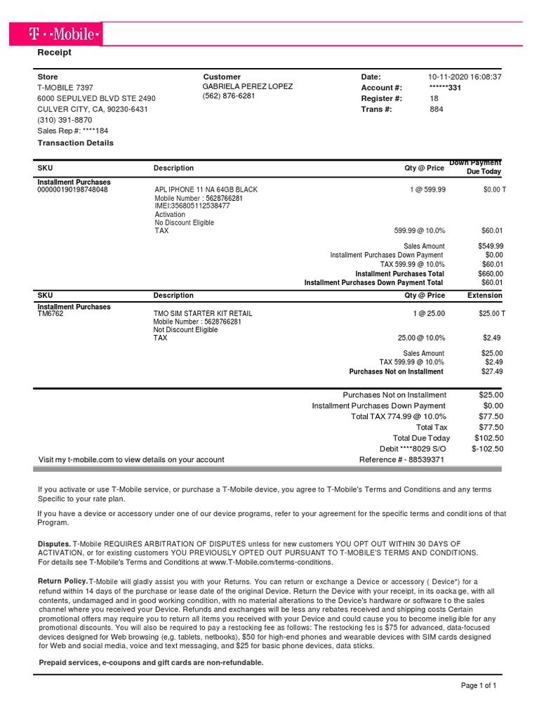 Receipt: Due Today Down Payment | PDF | T Mobile Us | Receipt
