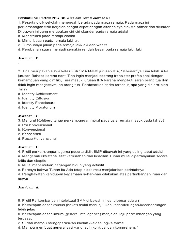 Berikut Soal Pretest PPG BK 2022 Dan Kunci Jawaban | PDF | Karier ...