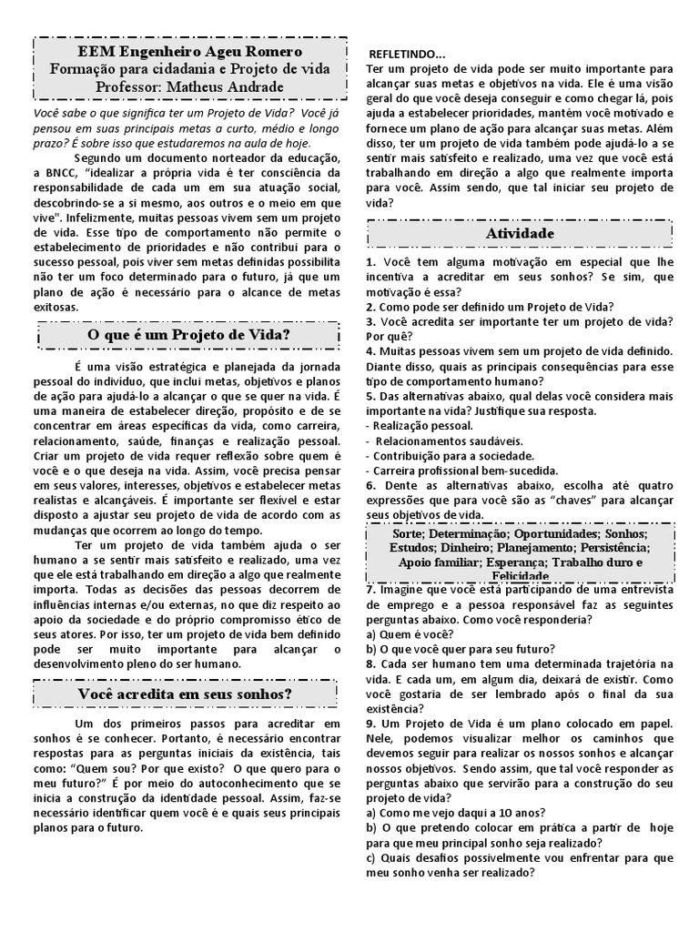 Projeto De Vida Pdf Vida Motivação