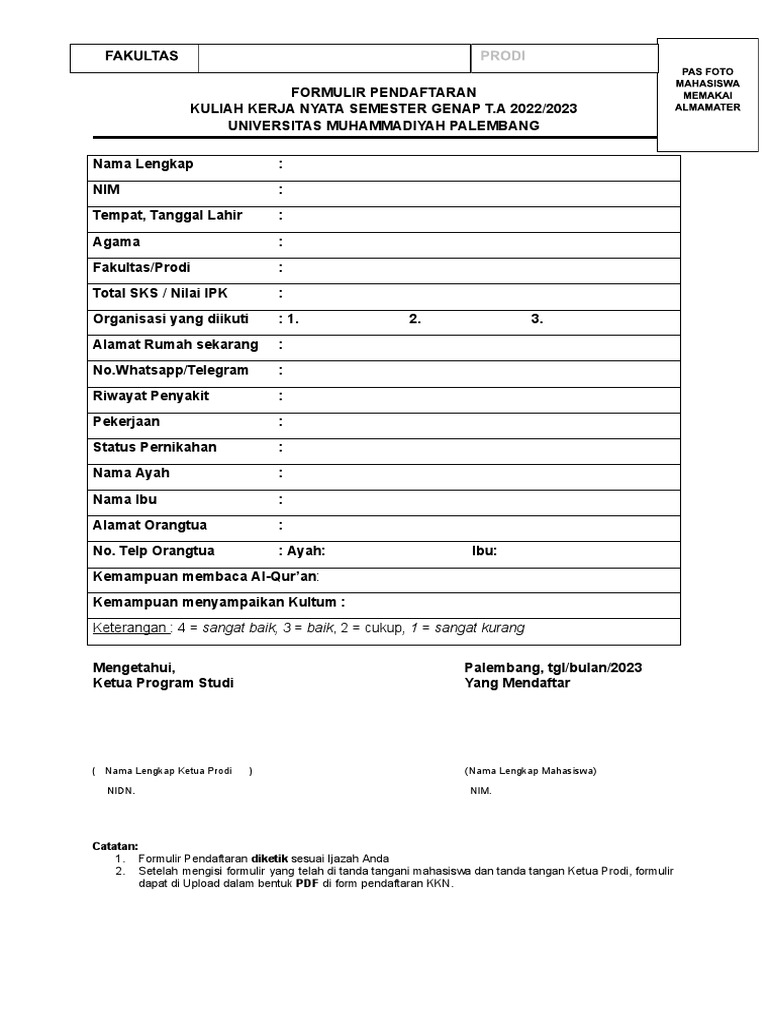 Berkas Pengisian Formulir Pendaftaran KKN UMP TA 2022 2023.docx - Google Dokumen | PDF