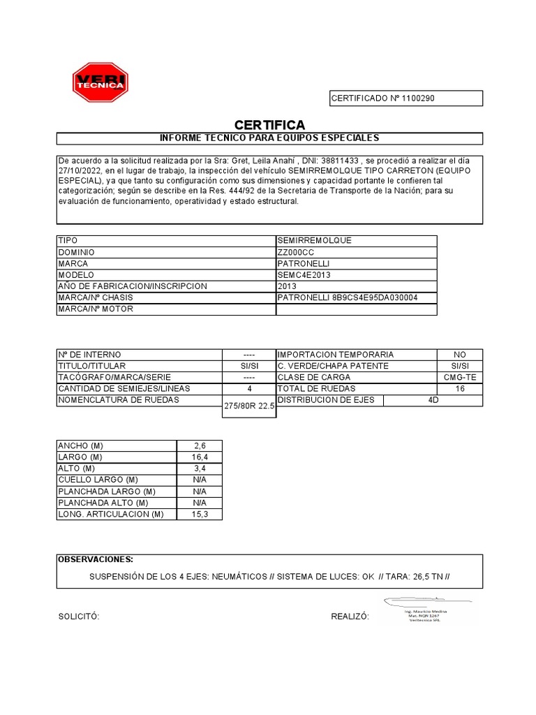 Certifica: Informe Técnico para Equipos Especiales | PDF | Camión | Bienes manufacturados
